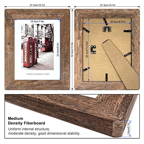 8x10 Picture Frames Set, Set of 4 Wooden Picture Frames Real Tempered Glass and Composite Wooden Rustic Rounded Corners Photo Display for Tabletop Wall Mount with Hanging Hardware and Stand (Brown)