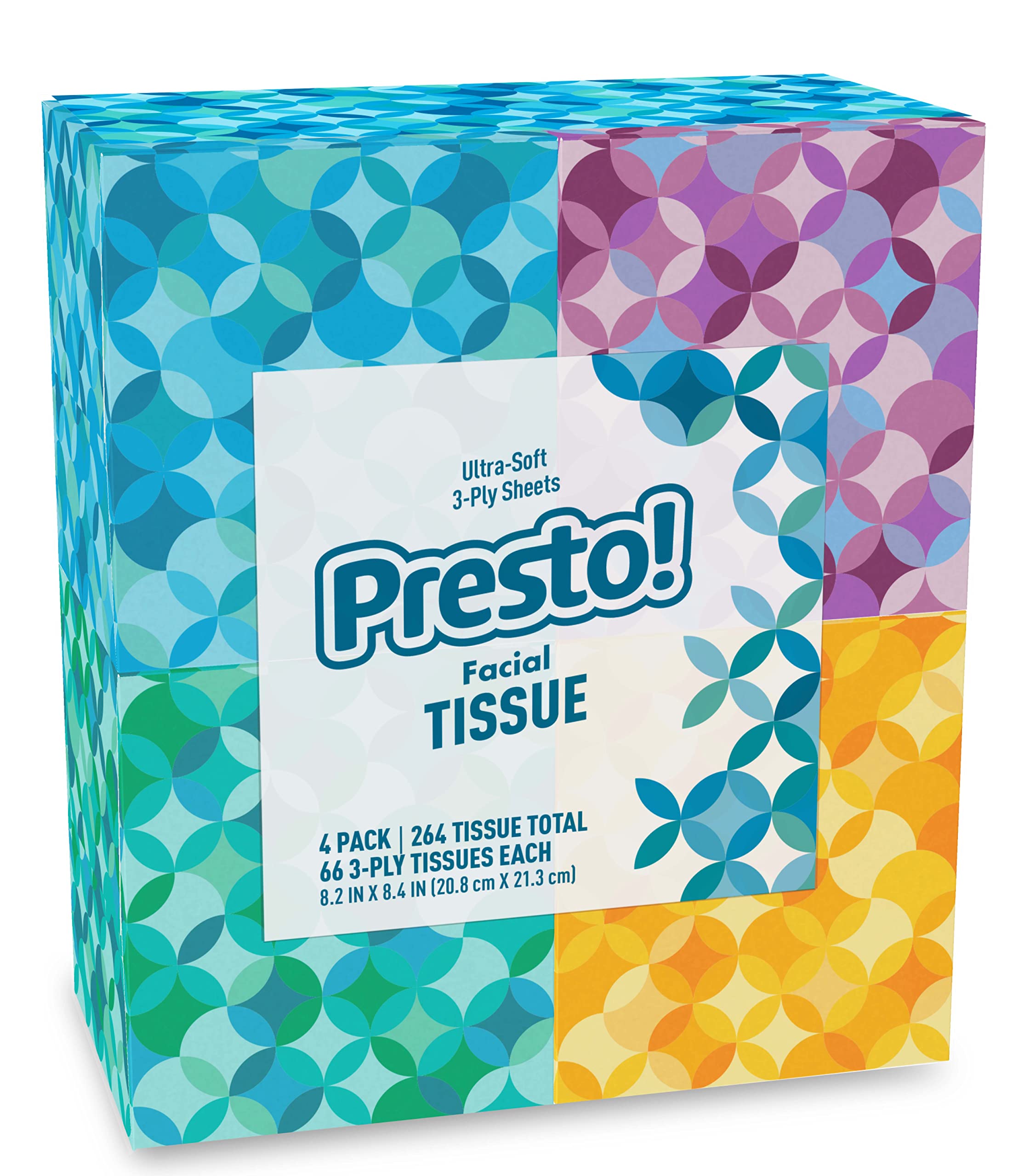 Amazon Brand - Presto! Ultra-Soft Facial Tissues, 3-Ply Premium Thick, 264 Count (4 Packs of 66)