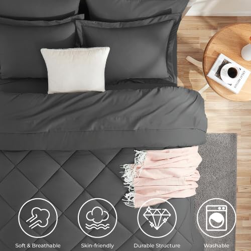 Sleepdown Bed in a Bag Twin Comforter Set with Sheets - 5 Piece, All Season Kids Twin Bedding Sets with Comforter Set for Girls and Boys, Flat Sheet, Fitted Sheet, Pillowcase & Sham (Dark Gray, Twin)