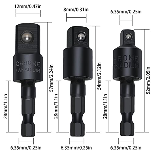 4-Piece Power Drill Sockets Adapter Sets,360°Rotatable 1/4" 3/8" 1/2" Impact Grade Driver Sockets Adapter Extension Set Drill Bit+105 Degree Right Angle Screwdriver set Drill Hex Bit Socket Adapter