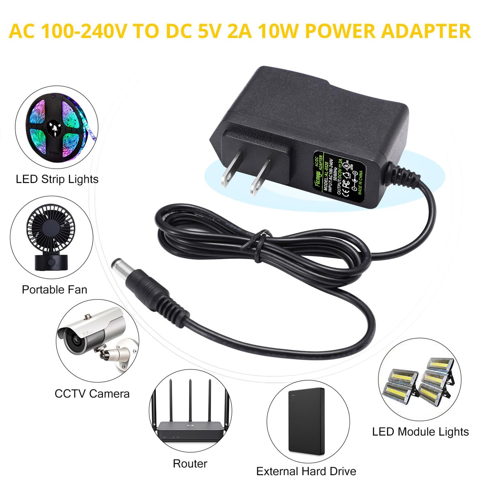 Facmogu 2 Pack DC 5V 2A Power Adapter, AC 100-240V to DC 5V 2A 10W Power Supply Transformers, 5.5 x 2.5mm DC Jack Also Compatible with 5.5x2.1mm Socket
