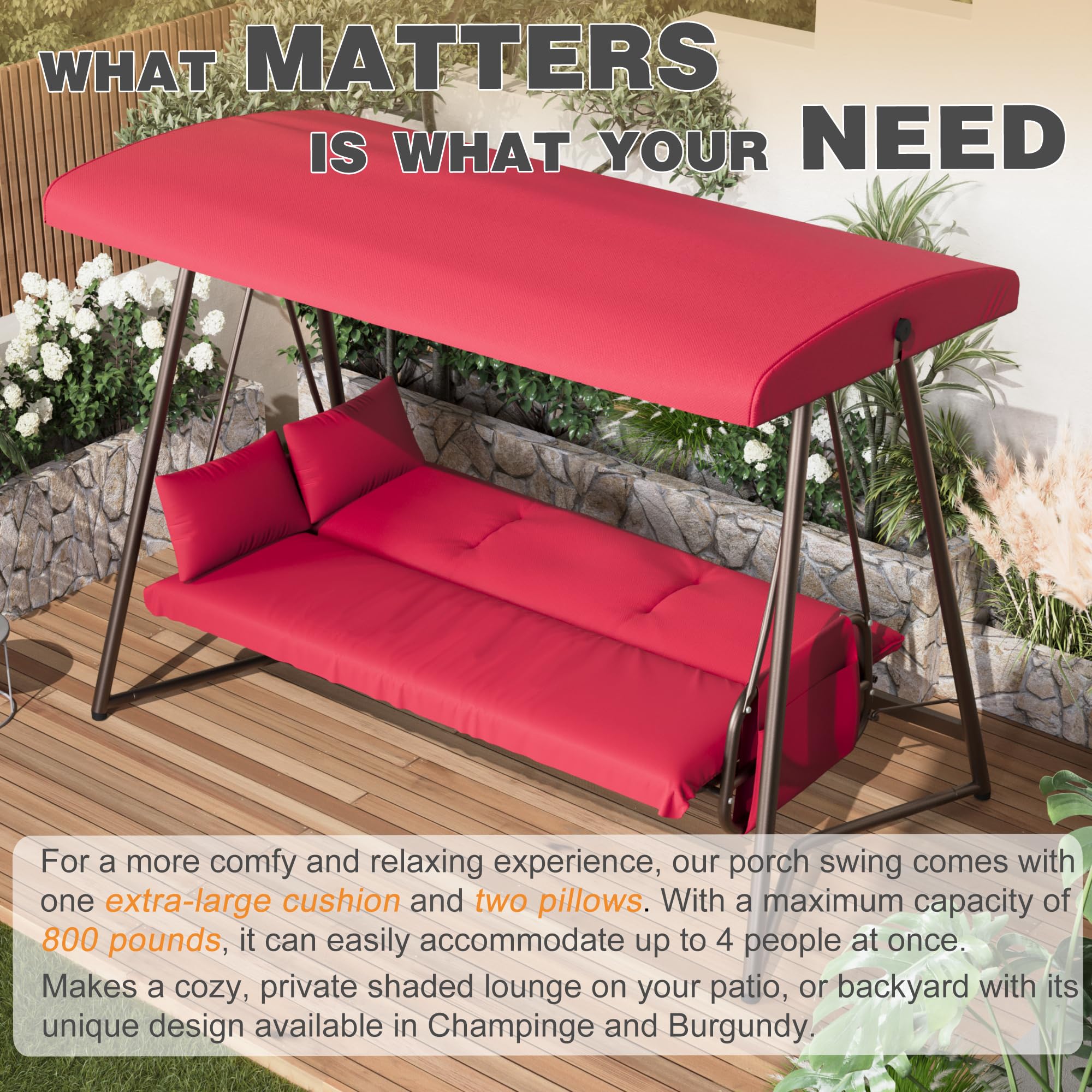 3 to 4 Seat Porch Swing, 2-in-1 Outdoor Swing Bed with Adjustable Backrest Canopy 800 lbs Capacity Patio Swing Chair with Stand Cushions Pillows for Backyard