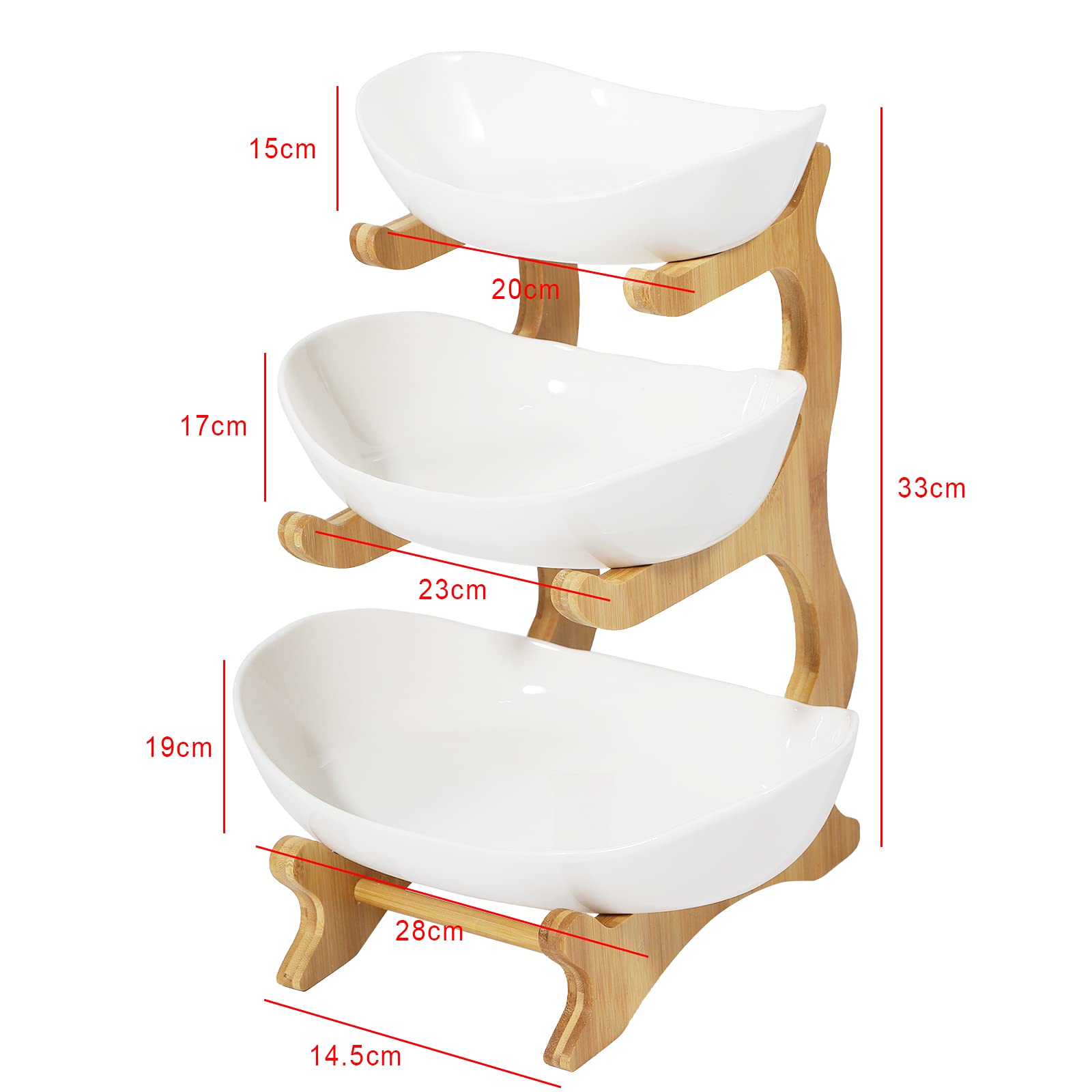 3 Layer Ceramic Fruit Plate,3 Tier Serving Platter Tray Kitchen,Porcelain Tiered Vegetable Serving Tray Dessert Appetizer Cake Dish with Wood Stand for Kitchen and Home,for Wedding Banquet