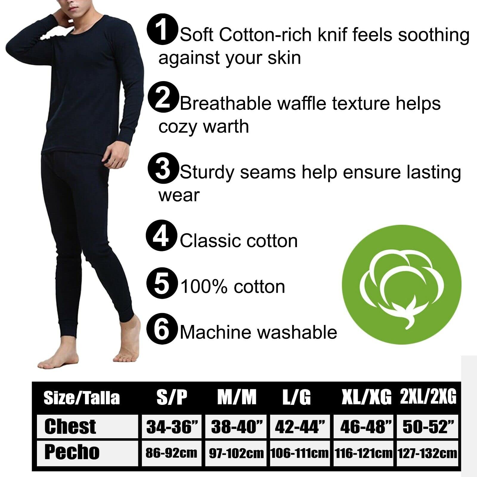 2 Set Mens Winter Fleece 100% Cotton Thermal Long Johns Top Bottom Underwear Set (as1, alpha, xx_l, regular, regular, Black&Navy)