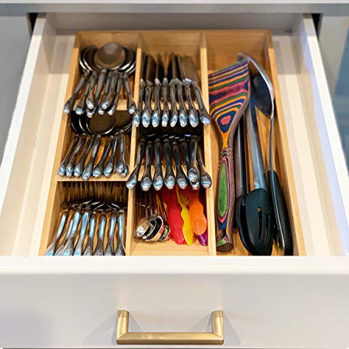 Compact Luxury Bamboo Silverware Organizer - 17" x 11.25" Bamboo Utensil Organizer for Silverware and Utensils - Compact Cutlery Organizer fits most Kitchen Drawers - Narrow Utensil Drawer Organizer