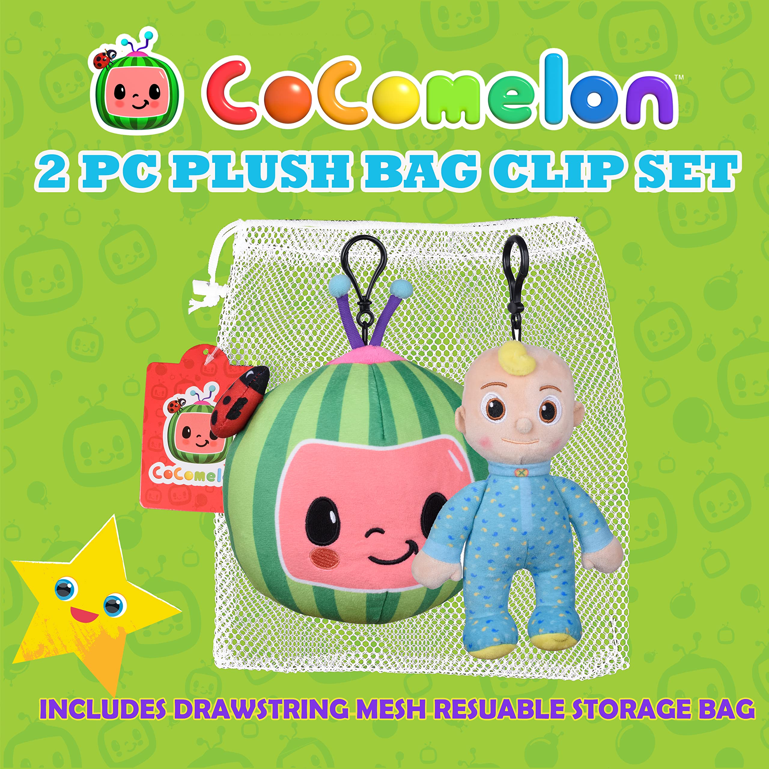 Cocomelon JJ & Watermelon Plush Bag Clip Set - Perfect Toys for Preschoolers and Toddlers