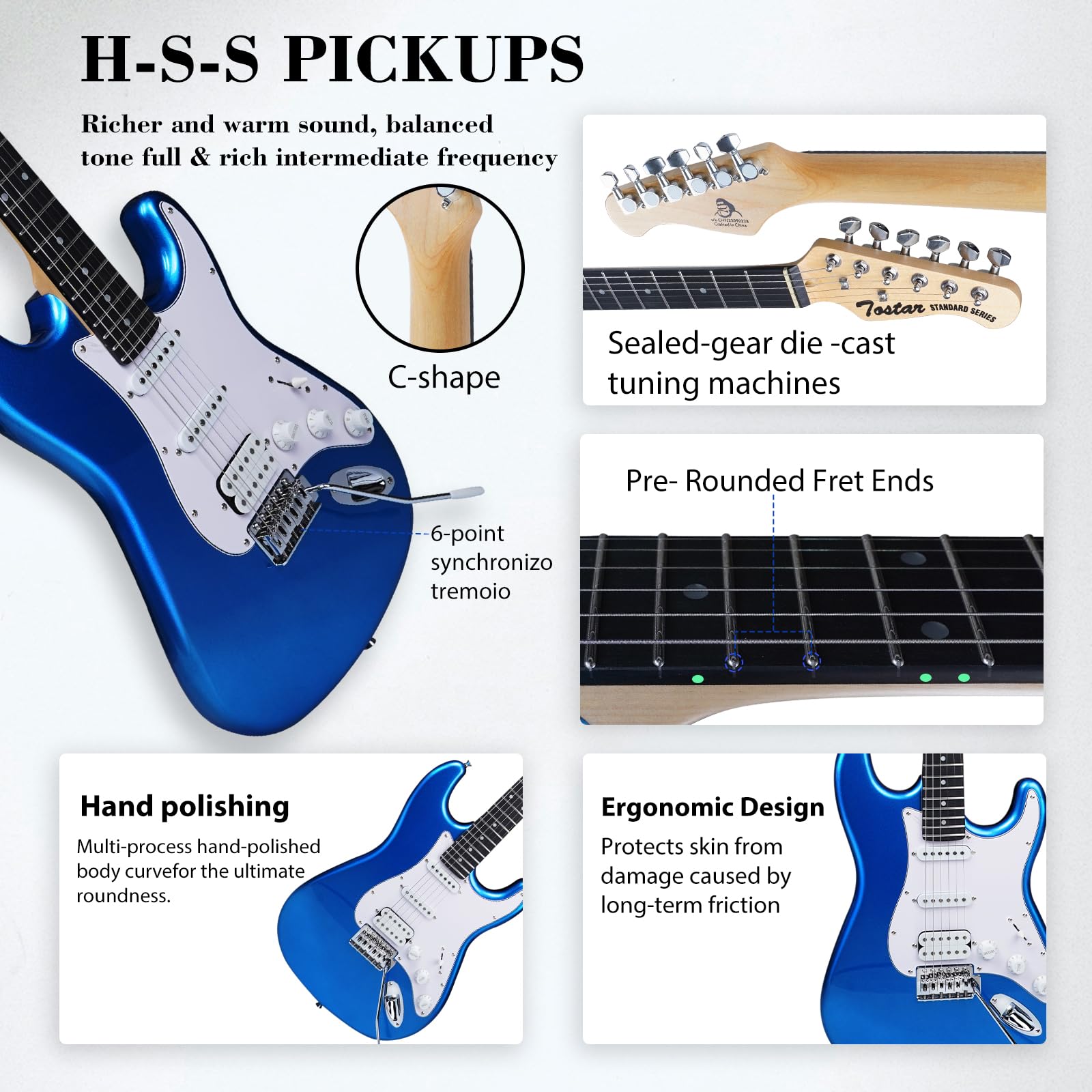 39” Professional Solid Body Electric Guitar Kit, Right Guitar Electric, HSS Pickup with Coil Split, Amp, Straps, 4*Guitar Picks, 6*String Set, Tuner, Cable, Electric Guitar Bag