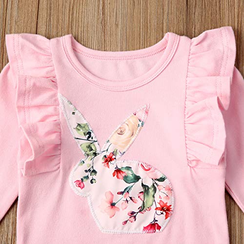 Newborn Baby Girls Easter Outfit Long Sleeve Bunny Print Romper + Floral Pants + Bow Headband 3pcs Set (Light Pink, 6-12m)
