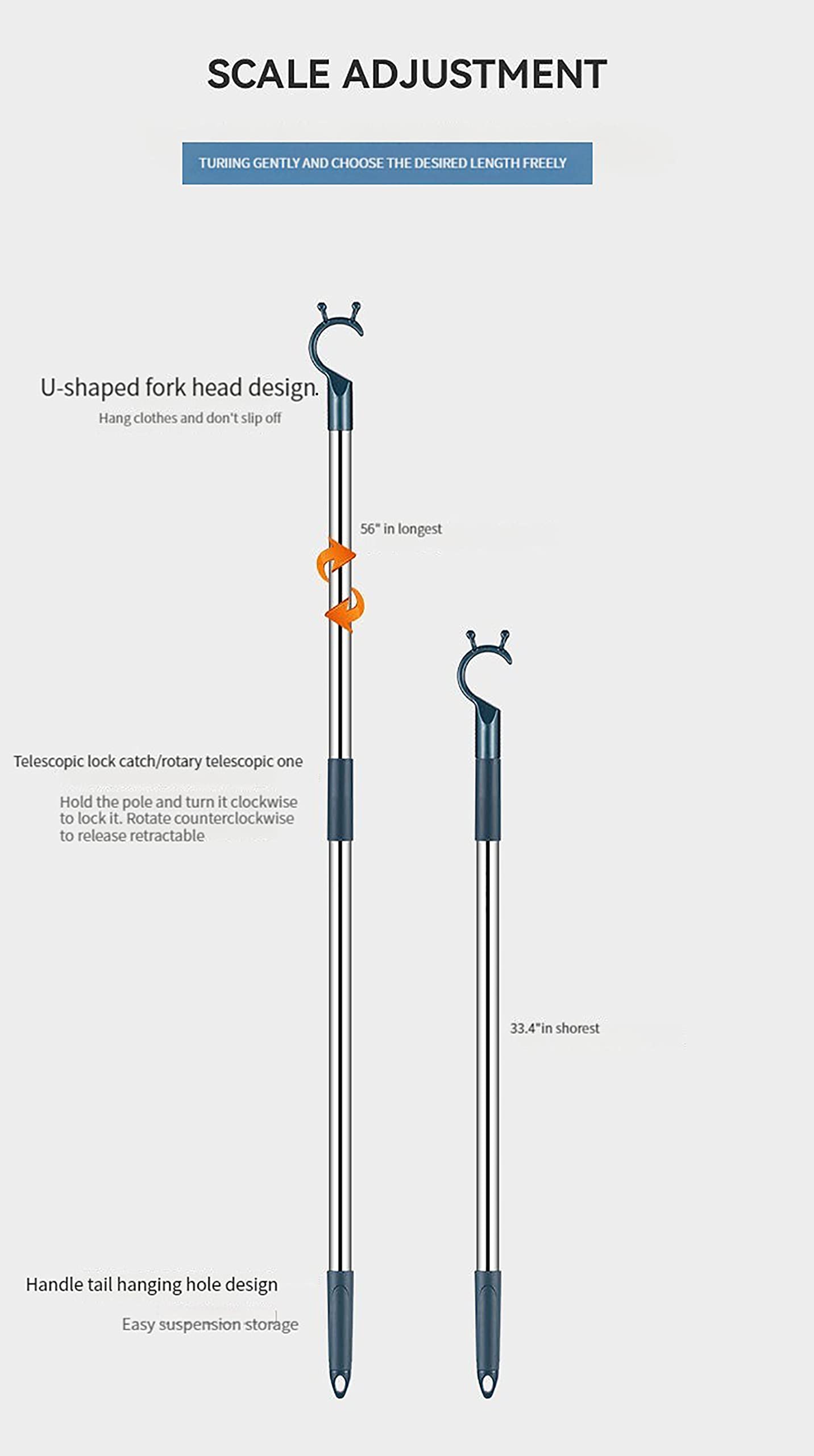 Reach Stick Long Pole Utility Hook 56" Extended Reaching Tool for High Area Closet Ceiling
