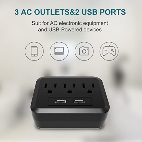 3 Outlet Surge Protector, 2 USB Outlets receptacles, Small Wall Surge Protector with Multiple Outlet Splitter, Home, Kitchen Essentials, White & Black, 2 Pack.