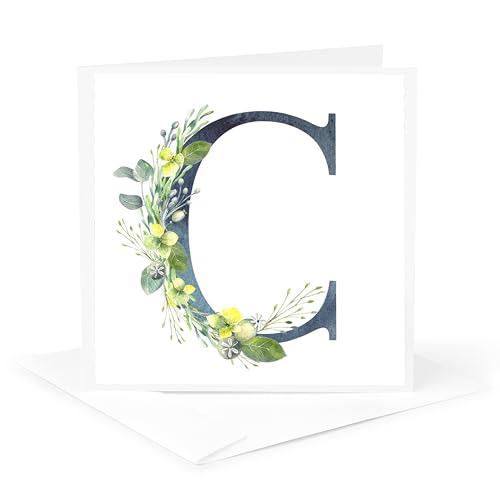 3dRose Greeting Card - Blue Monogram Initial C With Pretty Yellow Wild Flowers - Floral Monograms