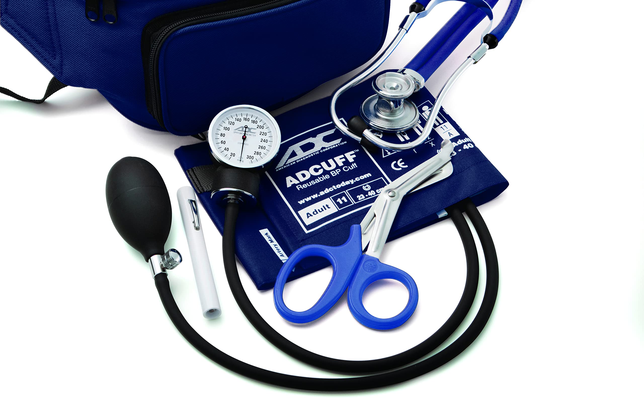 ADC Pro's Combo IV Adult Fanny Pack Essentials Kit with Prosphyg 760 Pocket Aneroid Blood Pressure Sphygmomanometer, Adscope 641 Sprague Stethoscope, 7.25" Medicut Shears and Adlite Penlight, Navy