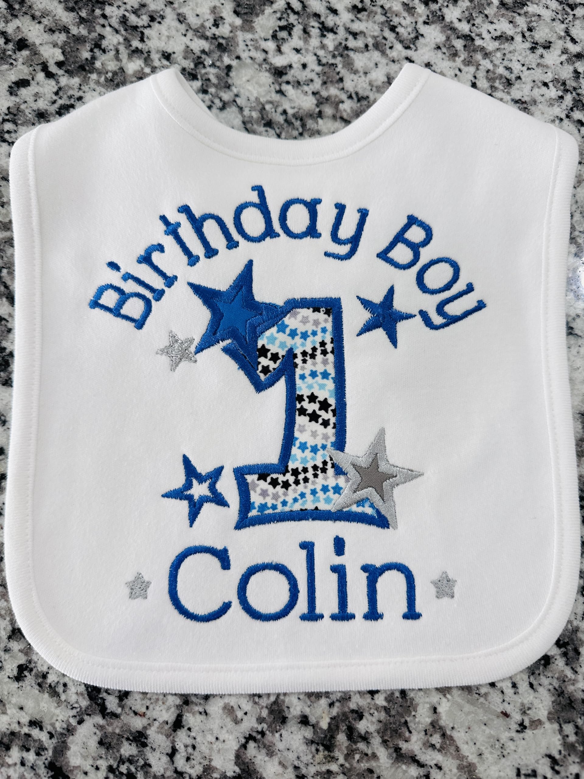 Fantasy Kids Designs First Birthday Boy Bib Smash Bib for Baby Boy Personalized with Custom Name (White Bib/Royal Blue)