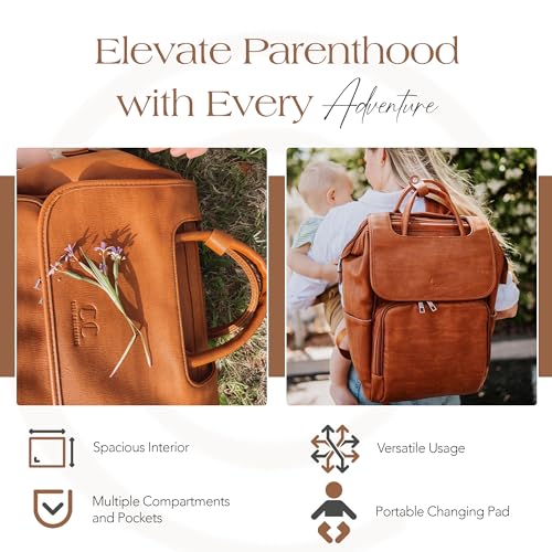 Citi Collective Explorer Brown Diaper Bag Backpack - Vegan Leather Diaper Bag with Shoulder Strap, Insulated Bottle Pockets, Changing Pad, Stroller Clip- Versatile Diaper Bag for Baby