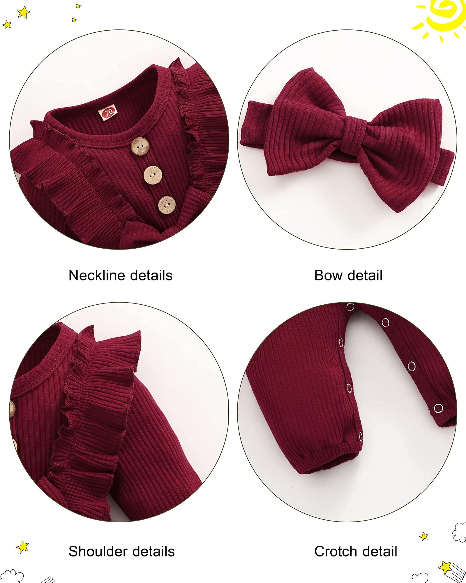 nilikastta Baby Girls Clothes Newborn Infant Ruffle Long Sleeve Romper Jumpsuit(Wine Red2,0-3M)