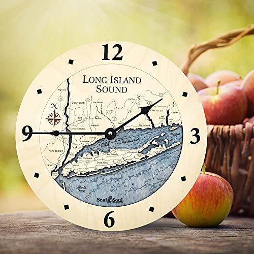 Sea & Soul Long Island Sound 3-D Nautical Wood Chart 12" Wall Clock, Handcrafted in The USA, Topographic Water Map Clock, Carved Lake Art Wall Clock, Coastal Décor (Deep Blue)