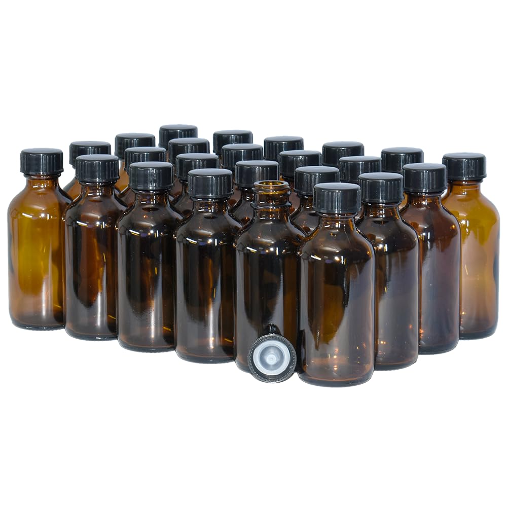 GlassBottleOutlet (Pack of 24) 2 oz. Amber Boston Round with Black Cone Cap