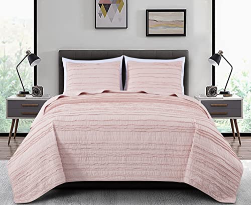 Chezmoi Collection Katy 3-Piece Frayed Edge 100% Washed Cotton Quilt Set - Soft-Finished Lightweight Bedspread All Season Bedding, King, Blush