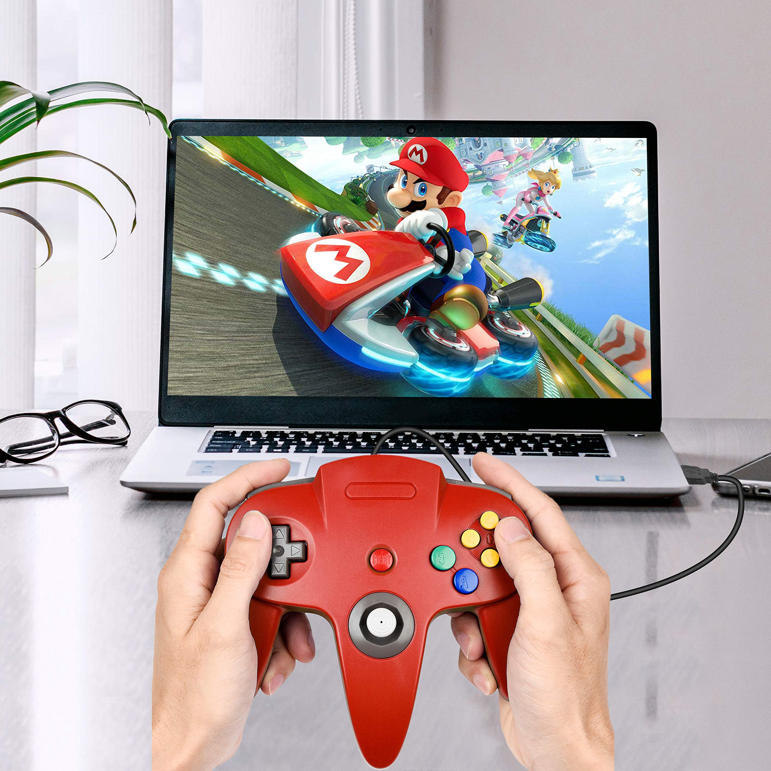 2 Pack USB N64 Controller, Wired PC Gamepad [3D Analog Stick] Compatible for Windows PC iOS MAC Linux Raspberry Pi Genesis Higan Project 64 Retropie OpenEmu Emulator (Plug & Play) (Red/Blue)