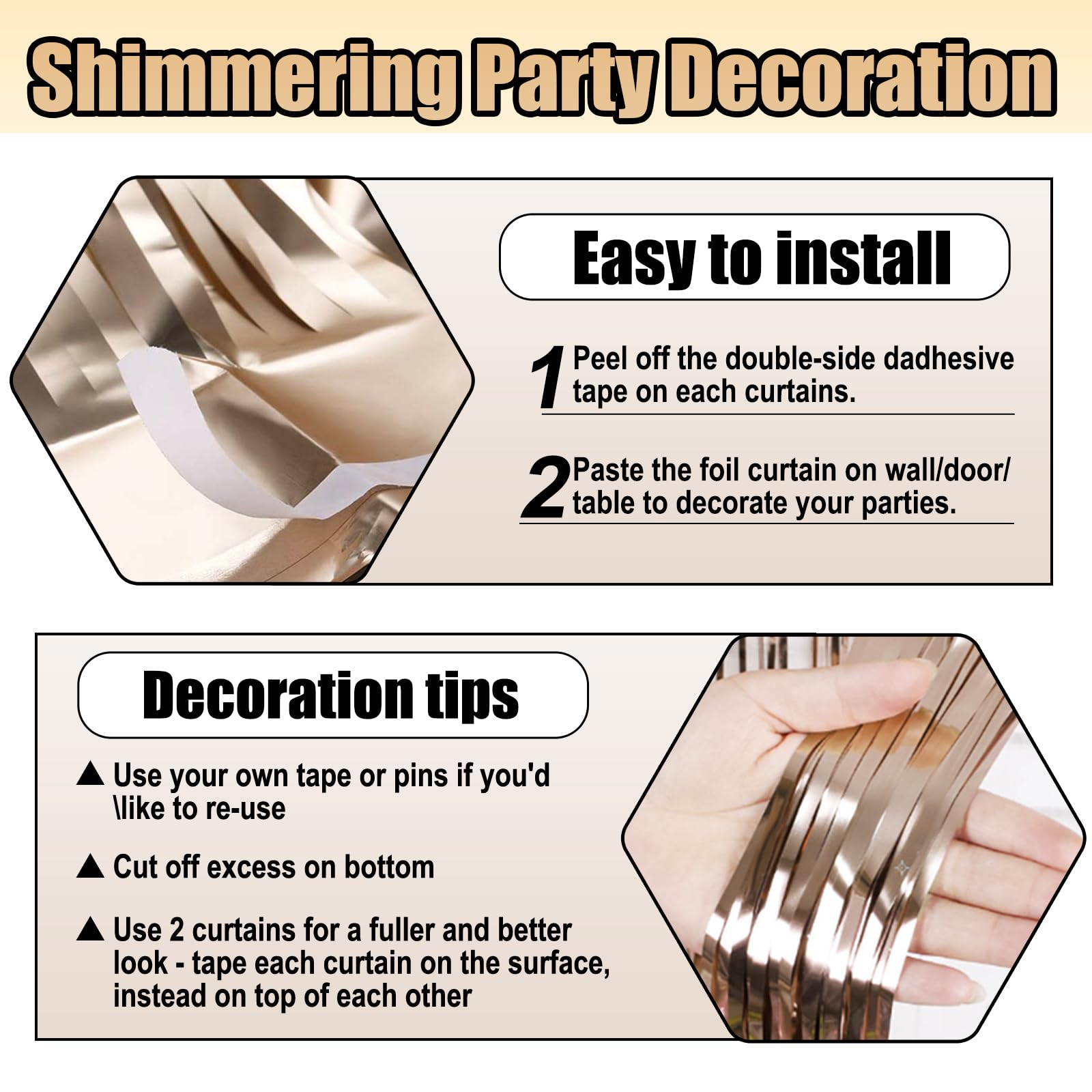 3 Pack Champagne Gold Foil Fringe Curtain Backdrop, 3.28Ft x 8.2Ft Metallic Tinsel Foil Fringe Streamer Curtains for Photo Booth, Valentine's Day, Wedding, Birthday, New Year Party Decorations