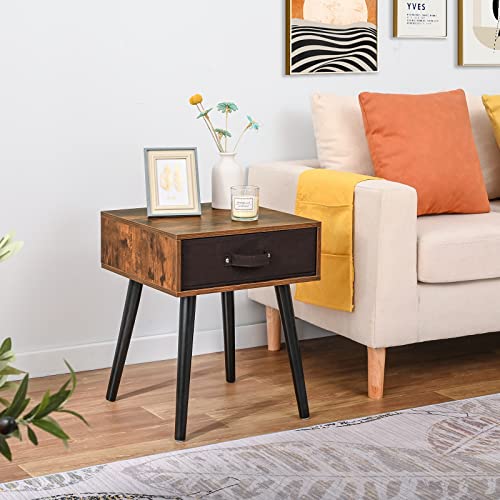 Iwell Nightstand Set of 2, Bedside Table with Drawer, Mid-Century Nightstand, End Table Side Table for Bedroom, Rustic Brown