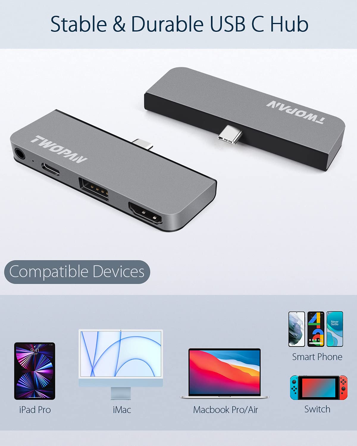 TWOPAN 4-in-1 iPad Pro USB C Hub HDMI, 4 Port USB 3.0 Hub Splitter with USB C PD 3.0 Charging, 4K HDMI, 3.5mm Audio Jack, for iMac 24 inch 2021, iPad Pro 12.9, MacBook Pro 14"/16" M2 Pro/Max