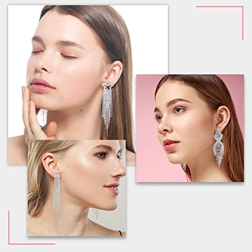 3 Pairs Crystals dangle earring,Star ear stud pave crystal,Silver teardrop crystal long tassels dangle Boho 925 Silver fringe Drop Long chandelier earrings