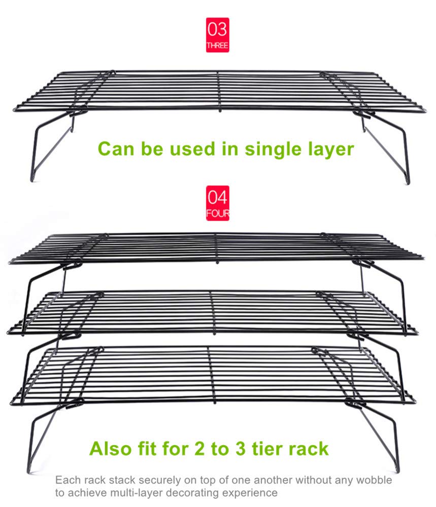 3 Tier Non Stick Cake Cooling Rack - Oven Safe, Heat Resistant, Space Saving Stackable Wire Tray with Collapsible Legs for Roasting, Cooking, Grilling, Drying, Plus Multi-use Basting Brush, 10x16 in