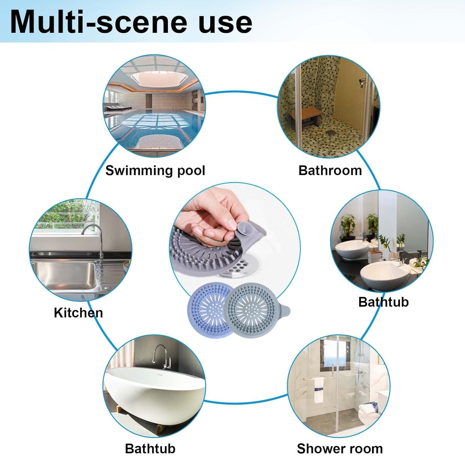 2 Pcs Silicone Shower Drain Hair Catcher with Sucker, Sink Strainer Hair Catcher, Shower Drain Cover, Shower Hair Stopper Drain Protector for Bathroom Bathtub Kitchen White + Grey