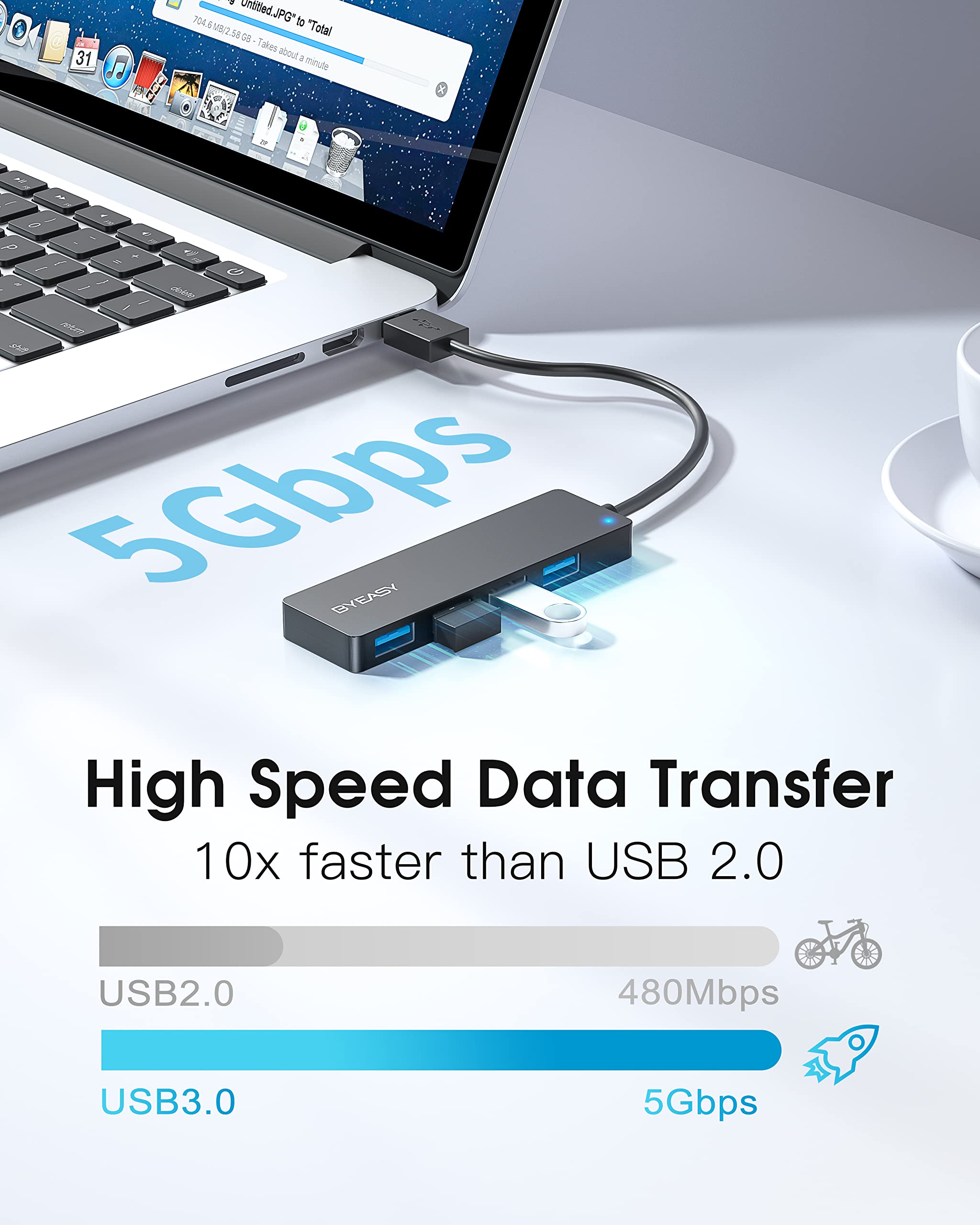 BYEASY USB Hub, 4 Port USB 3.0 Hub, Ultra Slim Portable Data Adapter Applicable for iMac Pro, MacBook Air, Mac Mini/Pro, Surface Pro, Notebook PC, Laptop, and Mobile HDD (Leather Black)