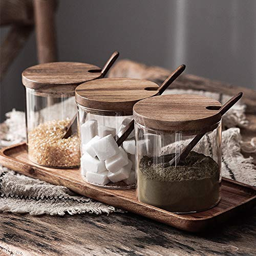 Freehawk Condiment Container Seasoning Box Set Salt Sugar Spice Pepper Condiment Container Kitchen Cruet Seasoning Pots with Bamboo Wooden Spoon Lid and Base,Set of 3(250ml Round Shape)
