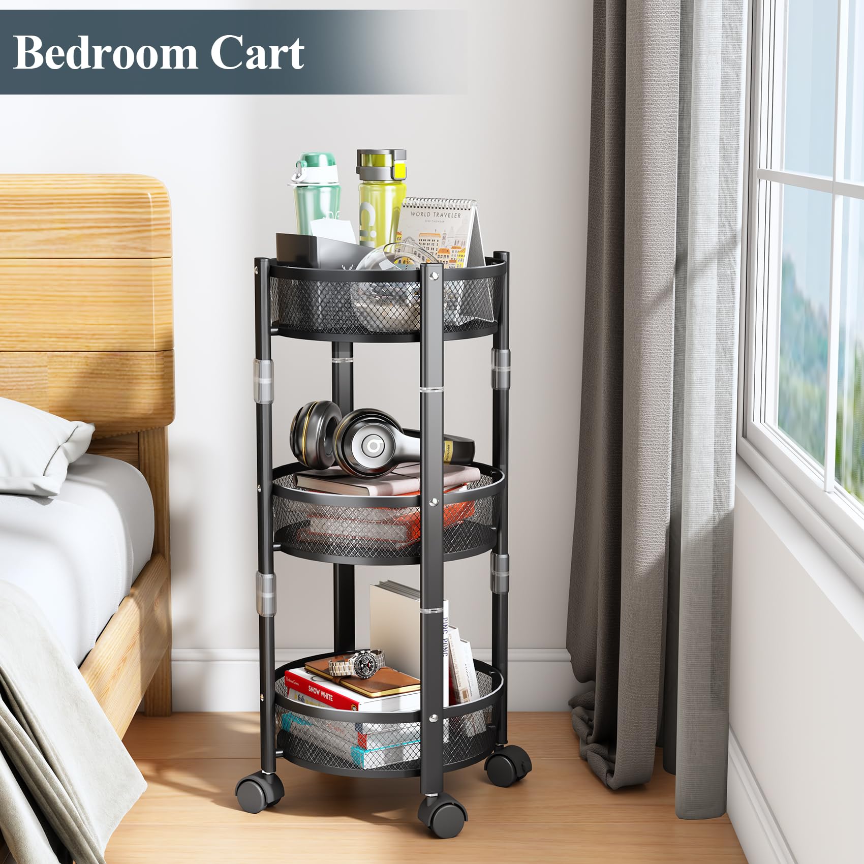 3 Tier Rolling Utility Cart with Wheels - Folding Storage Round Organizer Rack, Collapsible Snack Craft Kitchen Cart