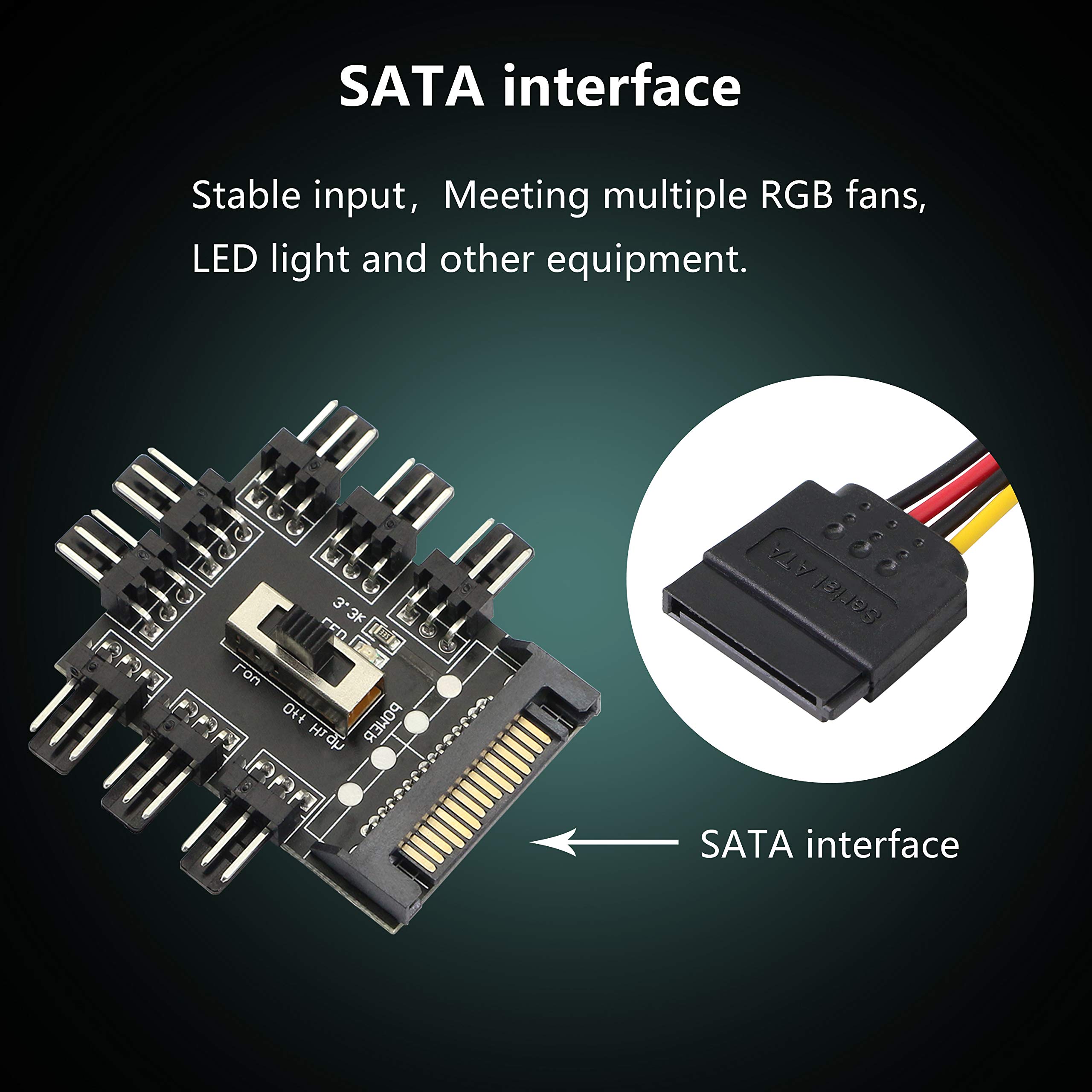 GELRHONR Chassis Fan Hub, SATA 1 to 8 Way12V 3 PIN Cooling Fan Splitter Controller Hub 3 Pin PWM for PC Desktop Computer Motherboard(12V 3-Pin)