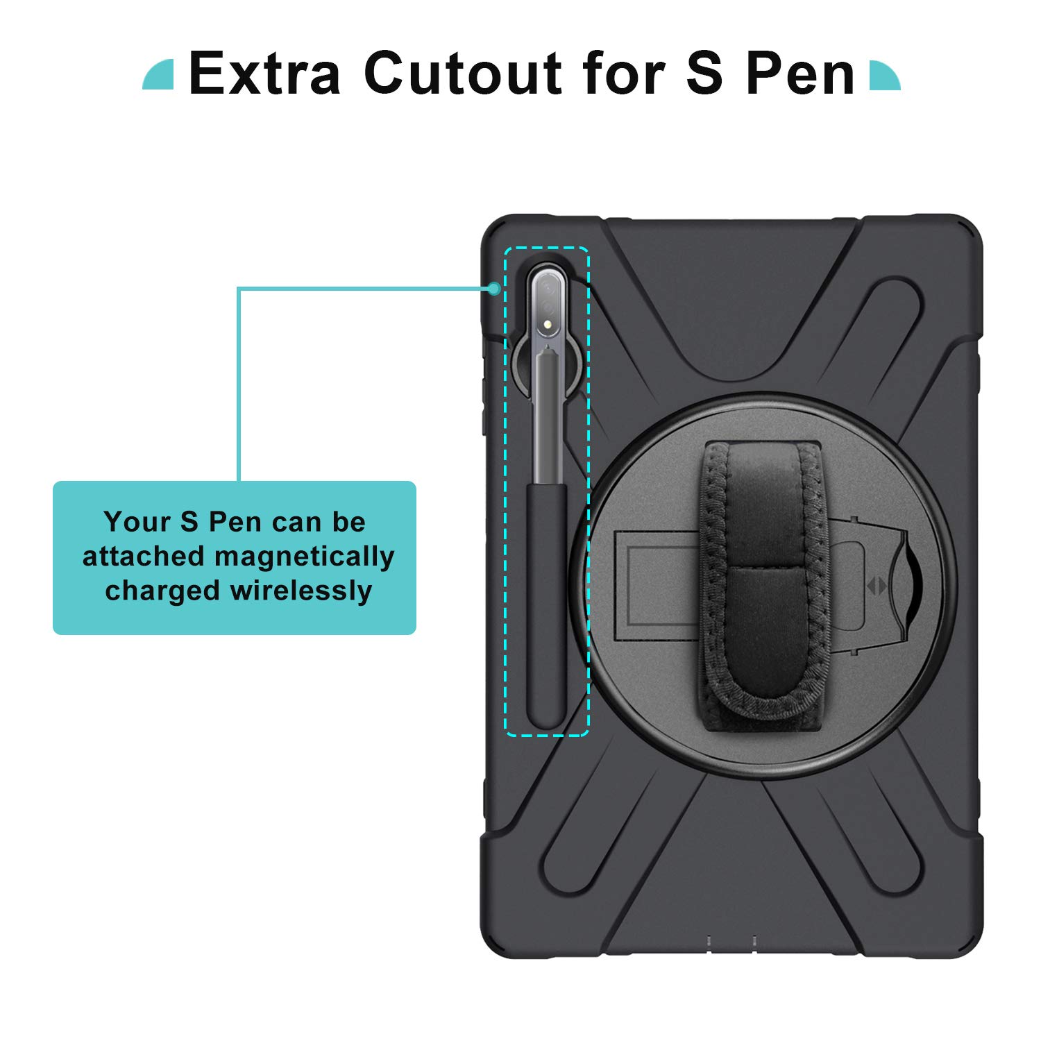ProCase Galaxy Tab S8 Plus 2022 / S7 Plus 12.4” 2020 Case with S Pen Holder (Model SM-X800/X806/T970/T975), Rugged Heavy Duty Shockproof Case with Hand Strap Rotating Kickstand Protective Cover–Black