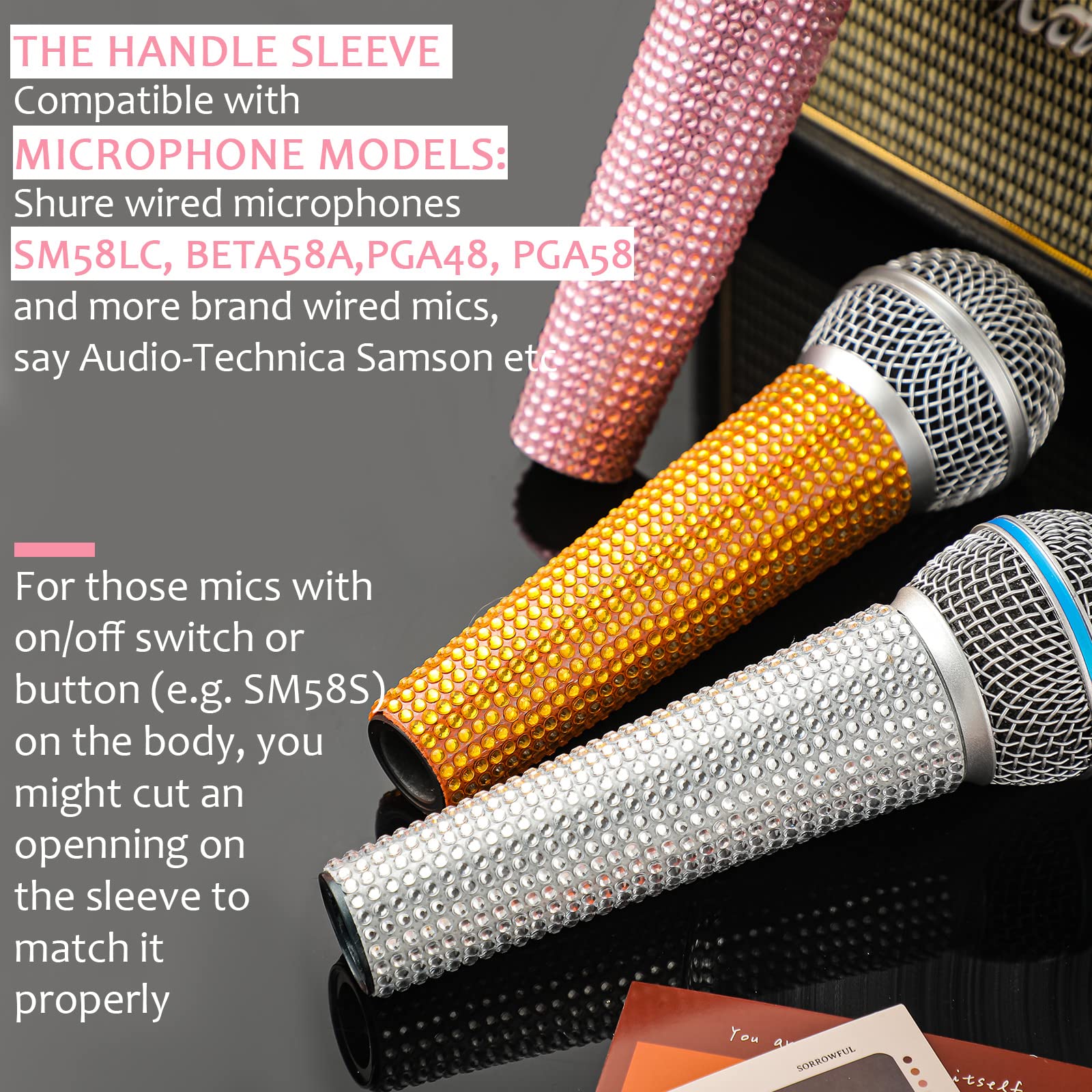 3 Pieces Rhinestones Mic Handle Cover Rhinestone Microphone Sleeve Bling Microphone Sleeve for TV Shows Party Performance Speech Replacement Glitter Microphone Accessories (Silver, Gold, Pink)