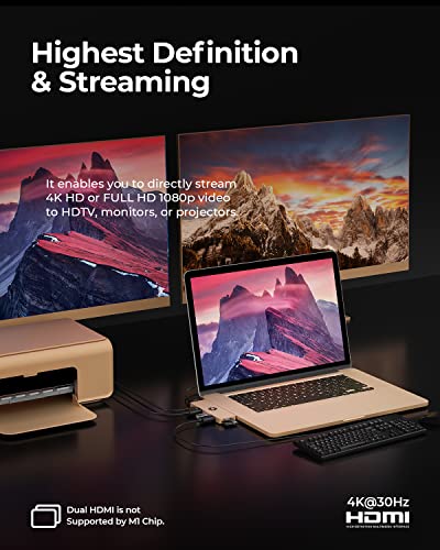 NOV8Tech USB C Hub Dual 4K HDMI Triple Display USB Hub 3.0 Adapter for MacBook Pro 2020/2019/2018/2017/2016 & MacBook Air 2020-2018, 7 in 2 Gold 100W USB C Dock, SD & Micro SD Reader, USB 3 & USB 2
