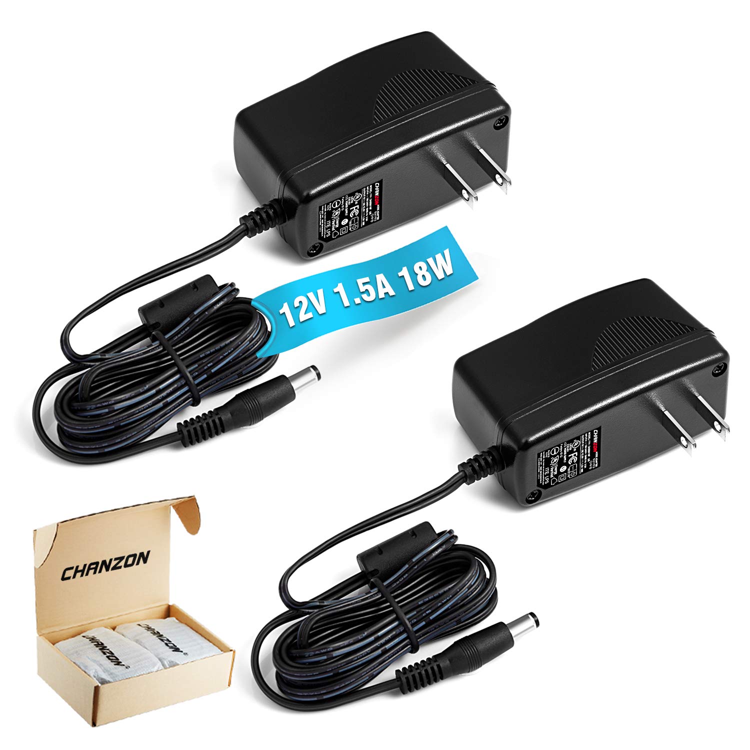 CHANZON 12V 1.5A UL Listed 18W AC DC Switching Power Supply Adapter (Input 100-240V, Output 12 Volt 1.5 Amp, 6Ft Cord, 18 Watt) Wall Wart Transformer Charger for DC12V Security CCTV Camera (2-Pack)