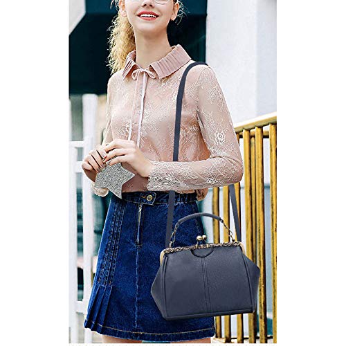 Arnosoar Vintage Kiss lock Handbag Women Purses Solid PU Leather Top-Handle Bag Indigo-blue