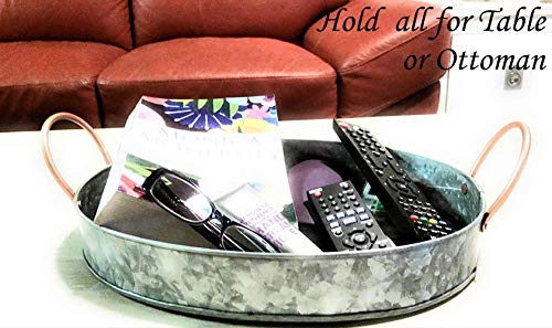 Galrose Rustic Galvanized Metal Serving Tray – Rose Gold Handles for Drinks Bar Table Centerpiece Sturdy Oval Decorative Serving Tray Platter. 6th Iron Anniversary Housewarming or Retirement Gift