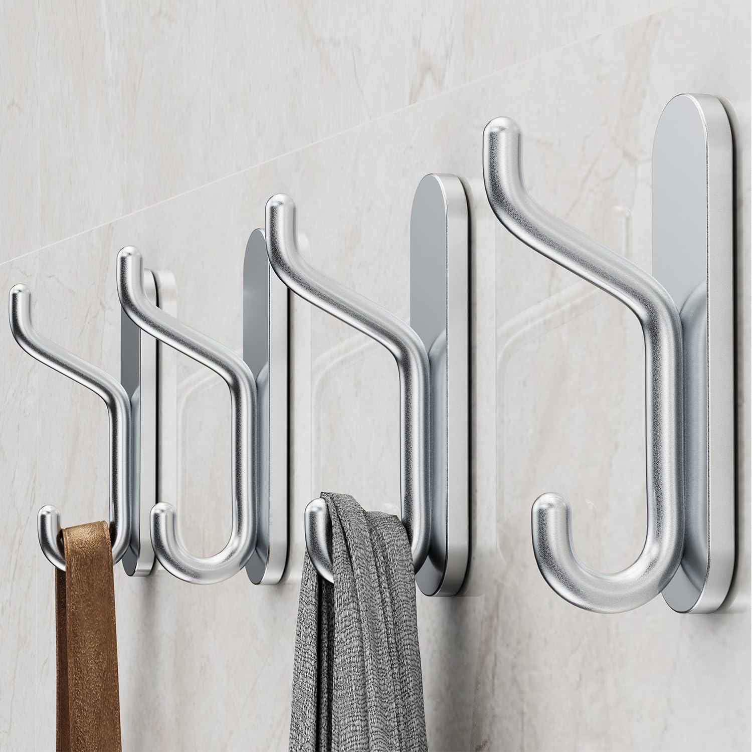 Adhesive Bathroom Towel Hook Wall: Heavy Duty Stick On Jacket Coat Wall Hanging Hooks for Shower 4 PCS Silver