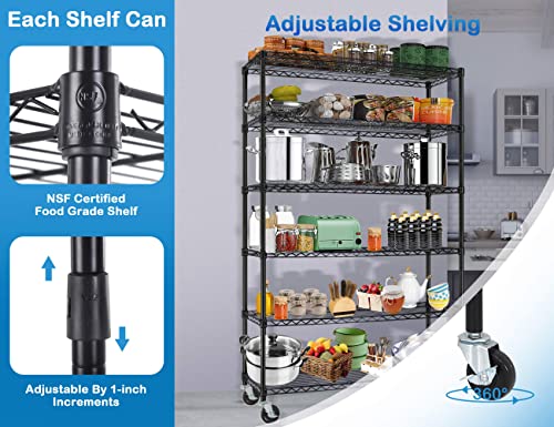 Haiput Wam Storage Shelves, 6 Tier Steel Wire Metal Shelving with 2100 Lbs Capacity for Kitchen Restaurant Pantry, Wire Shelving Storage Rack Shelves for Storage with Wheels and Feet -18x48x72