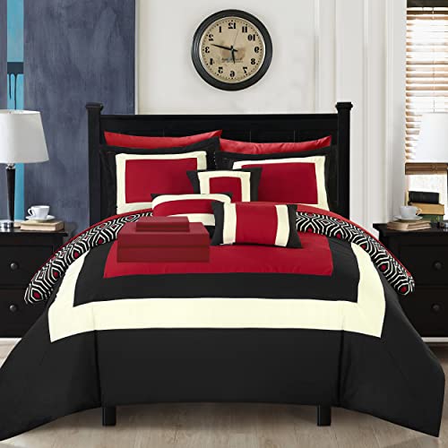 Chic Home Jake 10 Piece Comforter Set Reversible Hotel Collection Color Block Geometric Pattern Print Design Bed in a Bag Bedding – Sheets Decorative Pillows Shams Included King Red