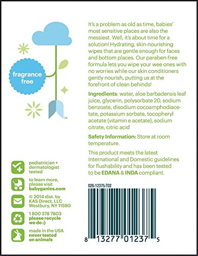 Babyganics Flushable Baby Wipes, Fragrance Free, 60 Count (Pack of 3, 180 Total Wipes)