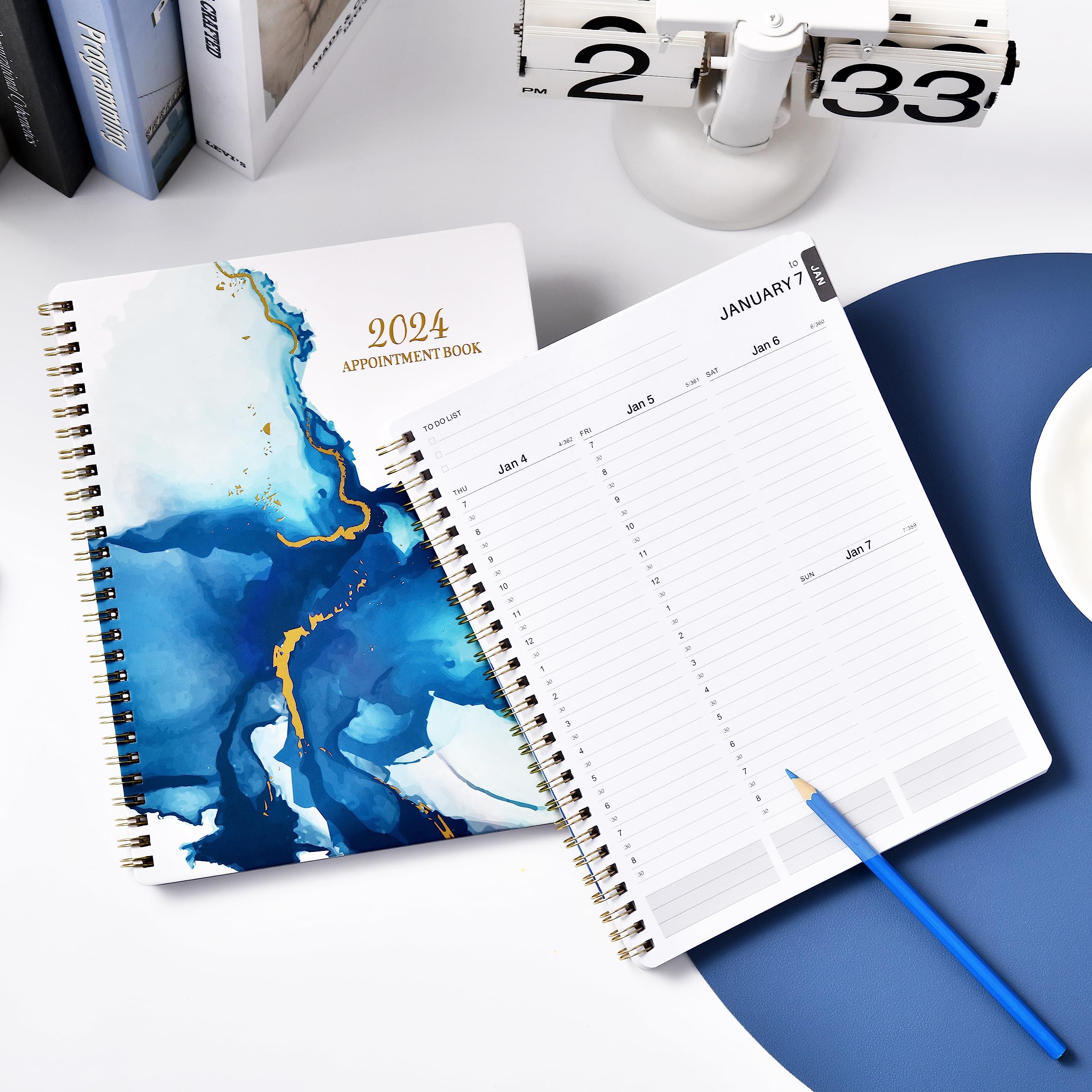2024 Appointment Book - 2024 Daily Hourly Planner, 8" x 10", January 2024 - December 2024, Appointment Book 2024 with 30-Minute Interval + Thick Paper + Twin-Wire Binding + Printed Tabs - Indigo