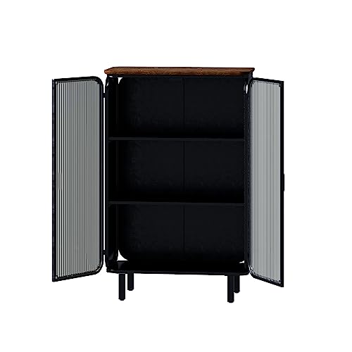 Aisurun 28.35" Modern Storage Cabinet Sideboard with 2 Glass Doors, Fir Top & 3 Storage Shelves for Entryway Living Room Home Office Dining Room, Black+Brown
