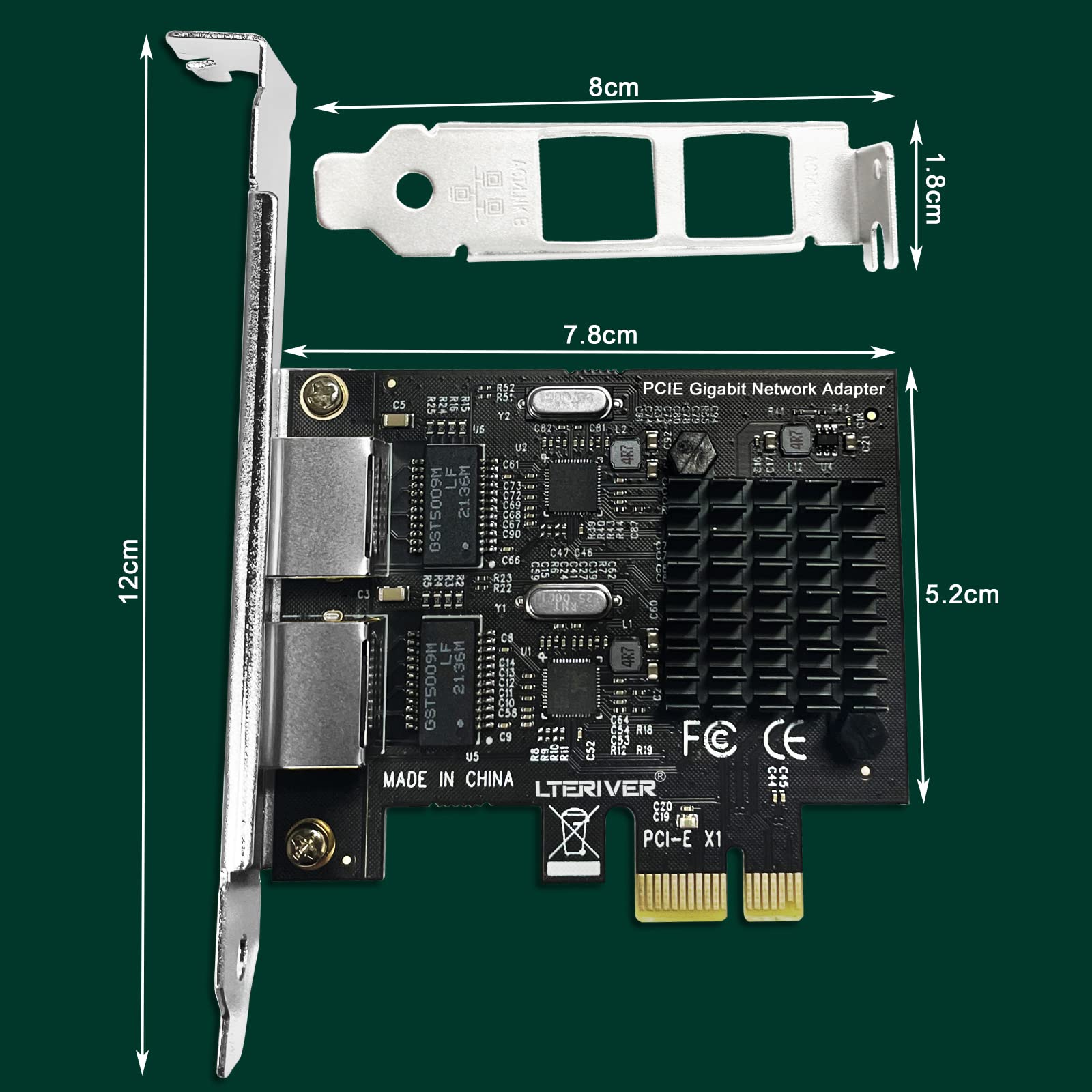 LTERIVER PCI Express to 2-Ports Gigabit Ethernet Adapter for Windows Server, 7, 8.0, 8.1, 10, 11 (32/64) and Linux, Dual Ports Gigabit PCIE Network Interface Card, Realtek RTL811GN Chipset (PCE-NIC2)