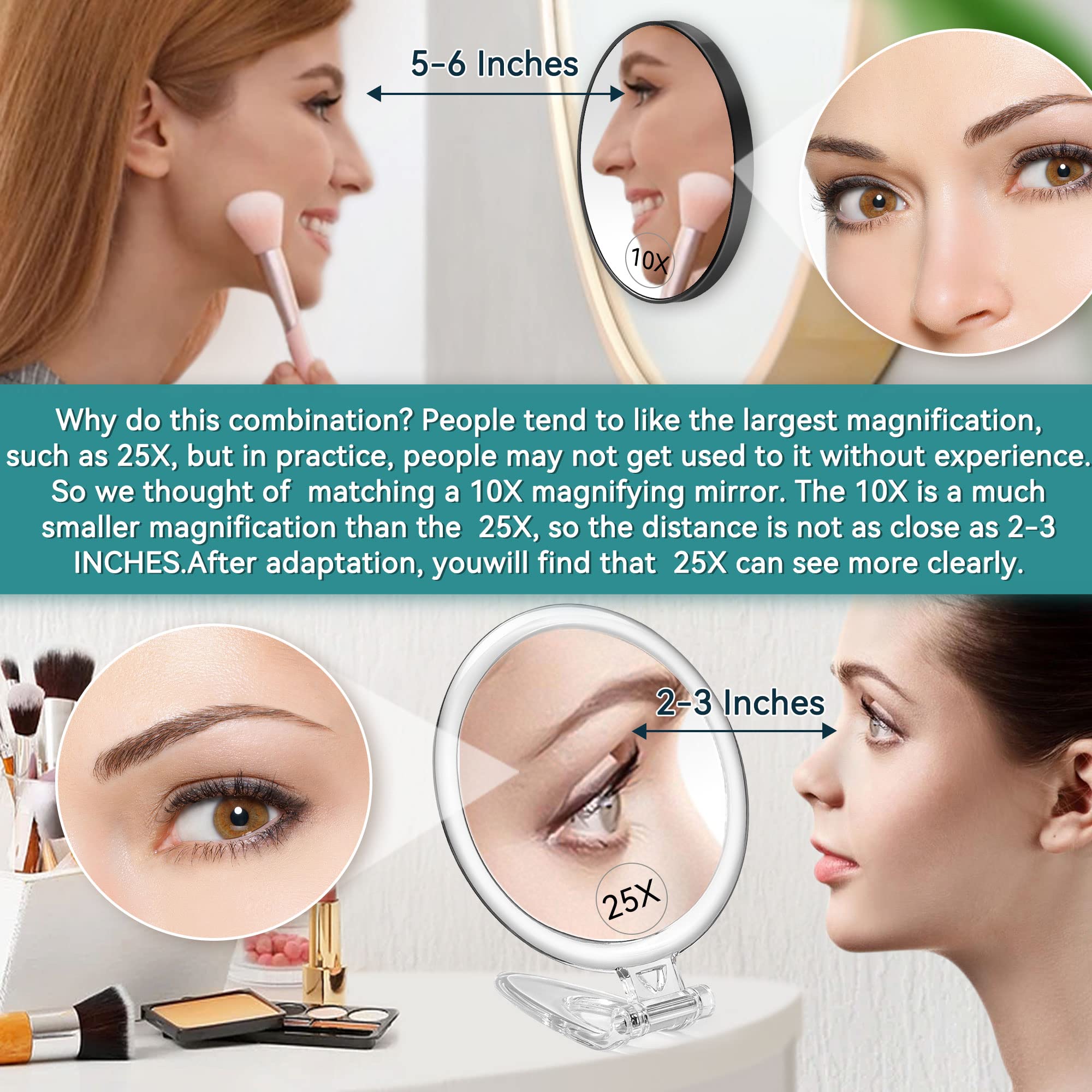 25X Magnifying Mirror Set, 25X/1X Double-Sided Hand Held Magnified Mirror & 10X Magnifying Mirror Suction Cup,Perfect for Precise Makeup Applications & Blackhead/Blemish Removal Handle A