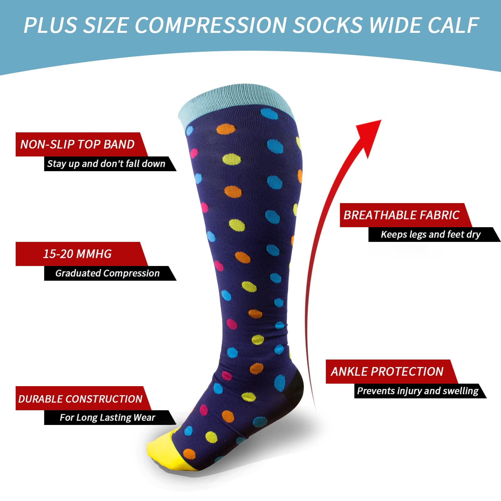 3 Pairs Plus Size Compression Socks for Women & Men, Wide Calf Compression Socks 15-20 mmHg for Running, Nurses