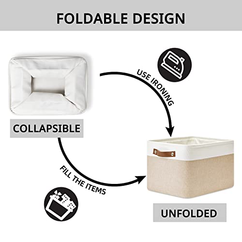 DULLEMELO Fabric Storage Bins for Laundry, Home, Foldable Storage Baskets for Shelves, Toys, Collapsible Storage Bins for Office, Closet,Bedroom(White&Khaki,15"x11"x9.5",4-Pack)