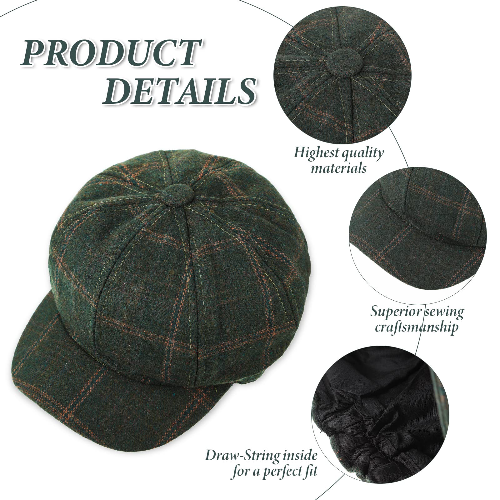 4 Pcs Women's Newsboy Hats Beret Cap All Match Girl's Cap Adjustable Octagonal Plaid Green Cap for Autumn Spring Winter